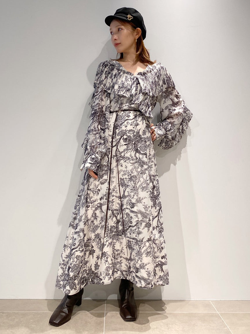 Pleated Frill Floral Maxi Dress with Belt – SNIDEL