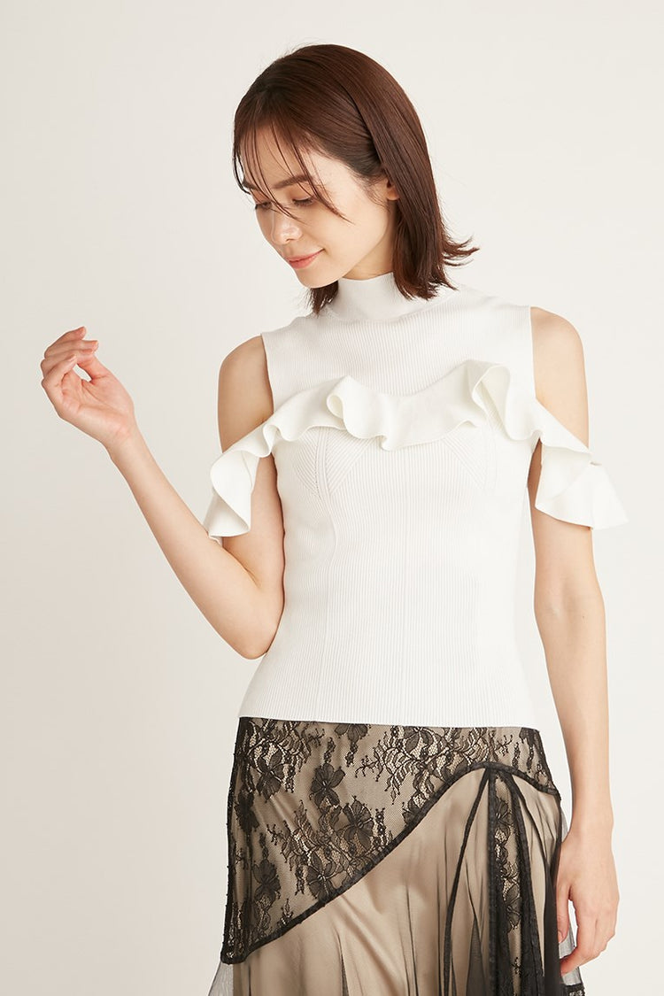 Ruffles Open Shoulder Knit Tops – SNIDEL